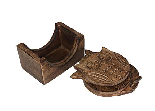 NIRMAN Wooden Crafted Coaster Set of 6 with Coasters Holder for Drink Bar Coaster Tea Coffee Mug Tabletop Barware Drink Handmade Dining Home Decor (Owl Shape)
