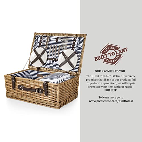 PICNIC TIME Belmont Picnic Basket for 4 - Wicker Picnic Baskets - 4 Person Picnic Set, Navy Blue & White Stripes