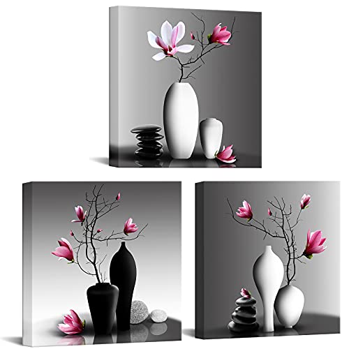 Nachic Wall - Flower Wall Art for Bathroom Elegant Pink Orchid Picture Canvas Painting Prints Modern Home Decor Zen Stones Magnolia Floral Artwork Framed Ready to Hang Set of 3