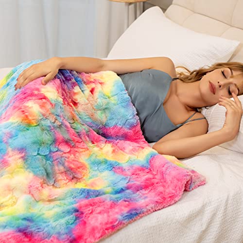 NEWCOSPLAY Super Soft Faux Fur Throw Blanket Premium Sherpa Backing Warm and Cozy Throw Decorative for Bedroom Sofa Floor (Dark Rainbow, Throw(50"x60"))