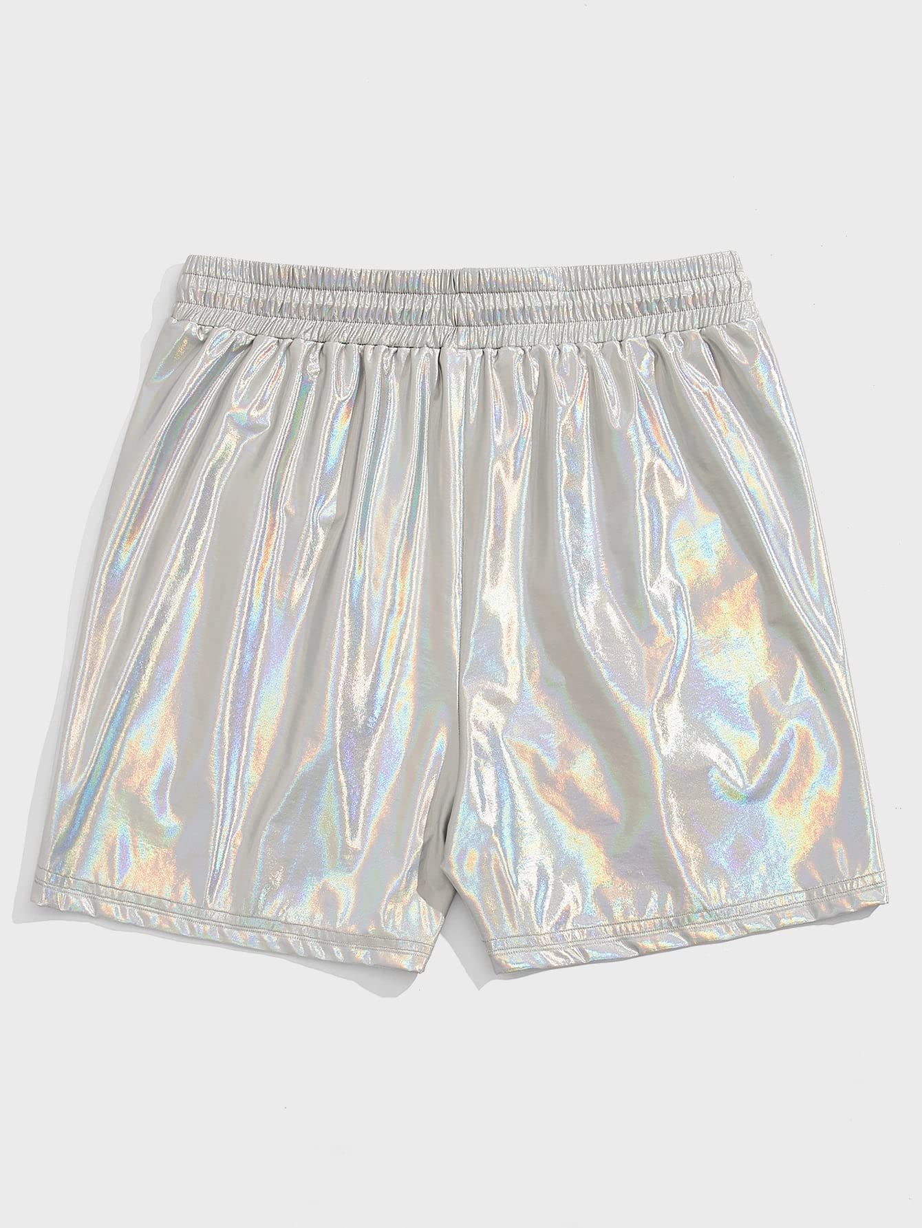 WDIRARA Men's Metallic Shiny Sparkly Drawstring Waist Shorts with Pockets Silver Reflective S