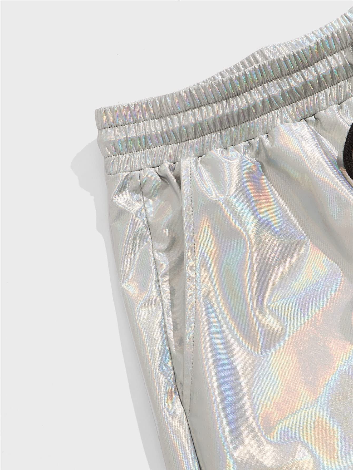 WDIRARA Men's Metallic Shiny Sparkly Drawstring Waist Shorts with Pockets Silver Reflective S
