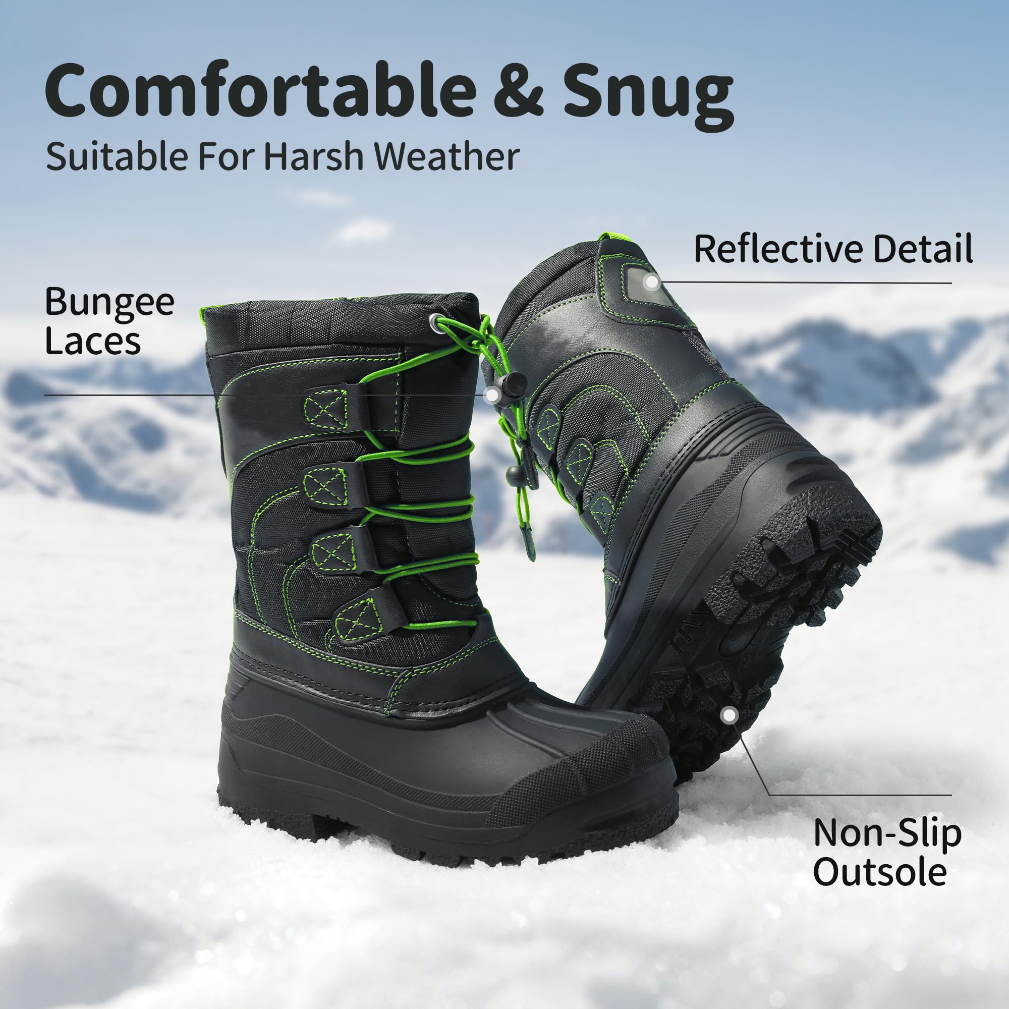 DREAM PAIRS Big Kid Knorth Black N.Green Isulated Fur Winter Waterproof Snow Boots Size 5 M US Big Kid