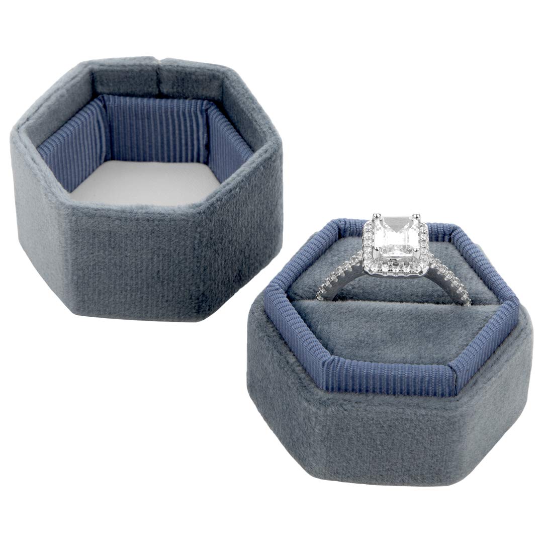 Koyal Wholesale Hexagon Velvet Wedding Ring Box, 1 Slot Velvet Ring Box Holder, Wedding Ring Boxes for Ceremony, Proposal, Engagement, Ring Bearer, Dusty Blue