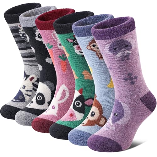 FNOVCO Kids Merino Wool Hiking Socks Toddlers Boys Girls Cozy Thermal Winter Thick Warm Crew Socks 6 Pairs (4-7 Years, Animal 02)