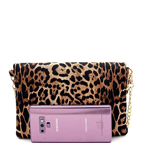 Trendeology Fashion PU Leather 2 Way Flap Clutch Wristlet Bag with Chain Shoulder strap (1Leopard Print - 1Tan)