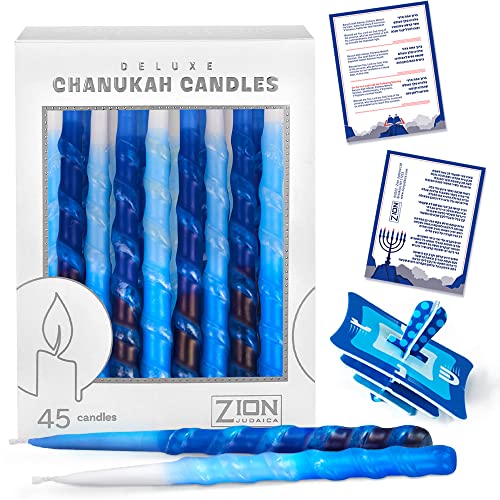 Zion Judaica Ltd Set of 45 Dripless Hanukkah Candles Spiral Candle Includes a DIY Dreidel, Prayer Card, Standard Size Menorah Candles for Eight Nights of Chanukah, Multi Tone Blue and White Ombre