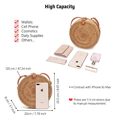 Handwoven Round Rattan Bag for Women Bali Ata Straw Bags Adjustable Shoulder Leather Straps
