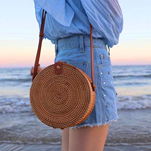 Handwoven Round Rattan Bag for Women Bali Ata Straw Bags Adjustable Shoulder Leather Straps