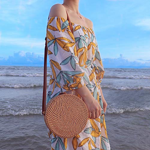 Handwoven Round Rattan Bag for Women Bali Ata Straw Bags Adjustable Shoulder Leather Straps