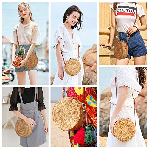 Handwoven Round Rattan Bag for Women Bali Ata Straw Bags Adjustable Shoulder Leather Straps