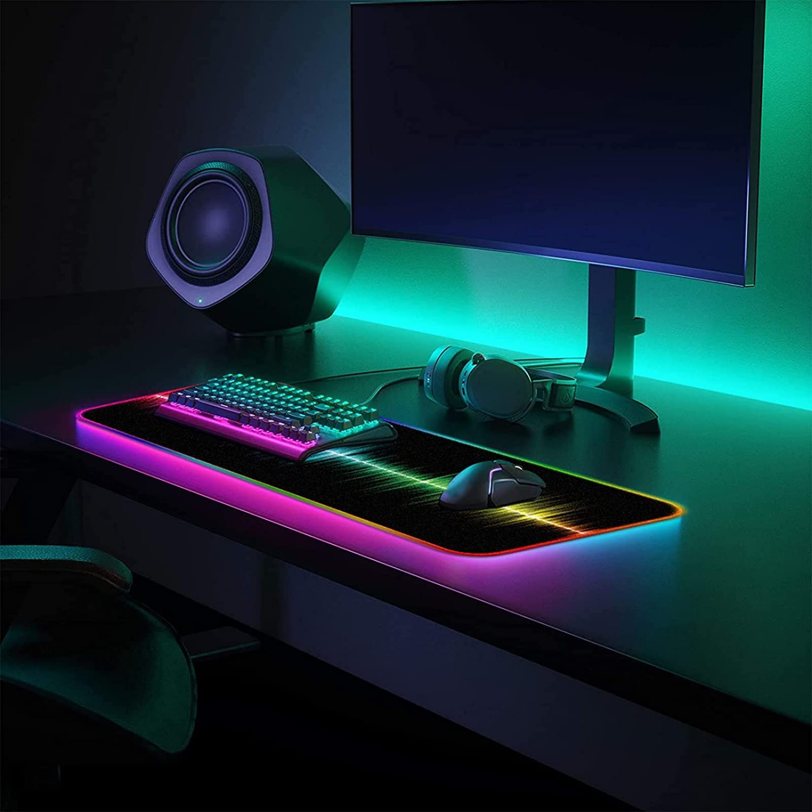 Gaming Mouse Pads Hexagon Geometric Art Pattern Extended Gaming RGB Mouse Pad,Keybord Pad Soft LED Mouse Pad,with 14 Lighting Modes 7 Colors Mouse Mat,Anti-Slip Rubber Base for Gamer,300X700mm