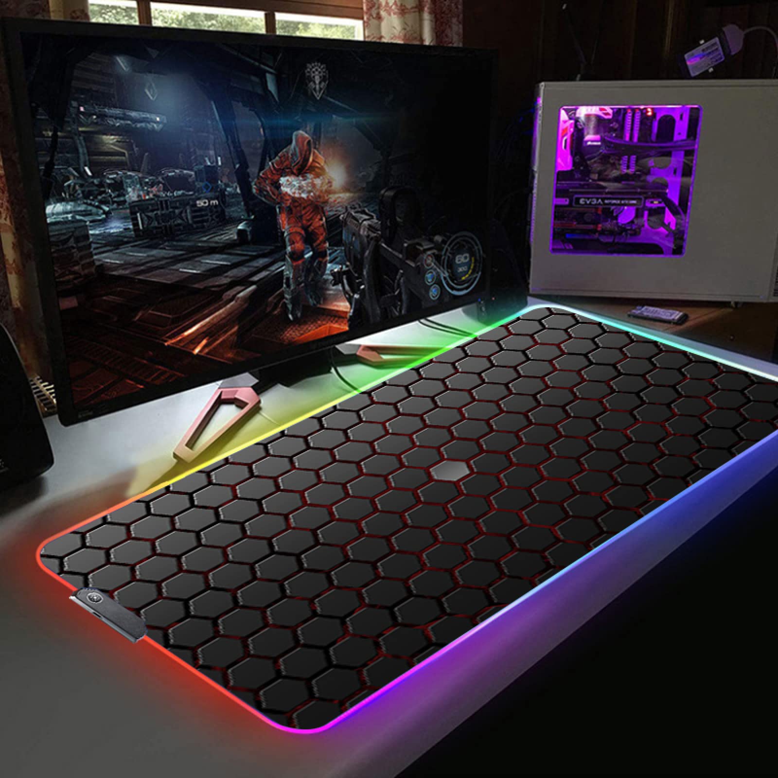 Gaming Mouse Pads Hexagon Geometric Art Pattern Extended Gaming RGB Mouse Pad,Keybord Pad Soft LED Mouse Pad,with 14 Lighting Modes 7 Colors Mouse Mat,Anti-Slip Rubber Base for Gamer,300X700mm