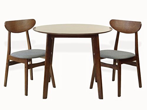 Set of 3 Dining Kitchen Round Table and 2 Yumiko Side Chairs Solid Wood w/Padded Seat Medium Brown