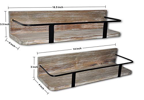 Spiretro Floating RV Shelves, Wall Mount Rustic Wood Wall Shelves with Metal Rail Storage Organize, Display, Décor for Bathroom Living Room Bedroom Kitchen Room Closet, Set of 2 (Large & Small), Grey