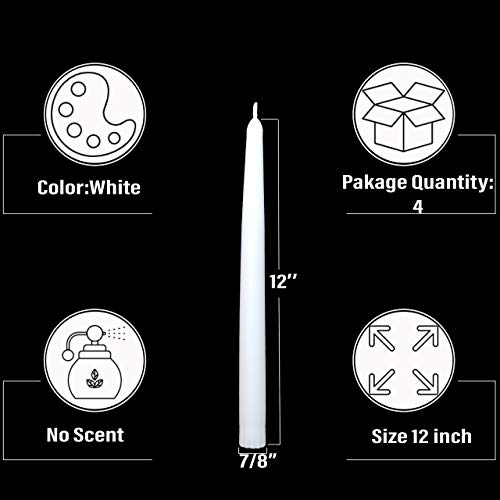 CandleNScent Taper Candles | Tapered Candlesticks - Dripless 12 Inch Unscented | White | 4 Pack