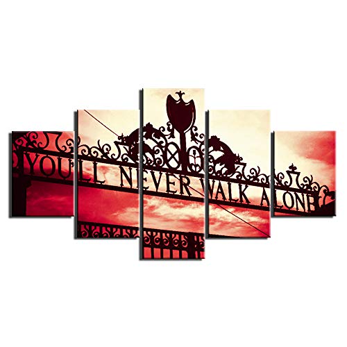 Canvas Art Wall Decor Football Club - You'll Never Walk Alone Picture Poster Framed Artwork 5 Piece Wall Art Room Decoration Ready to Hang(60''Wx32''H)