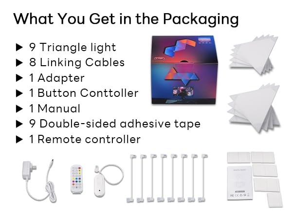 MCWOFI RGBW Smart Triangle Light, LED Wall Panel Light 9 Pack, DIY Design, Music Synchronization, APP Control, for Living Room, Game, Party Decoration