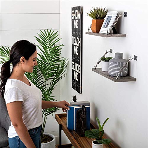 Under.Stated Floating Shelves Wall Mounted Wood Hanging Shelf Set for Bathroom Kitchen Living Room Bedroom Storage (Rustic Grey with Industrial Hardware Set of 2)
