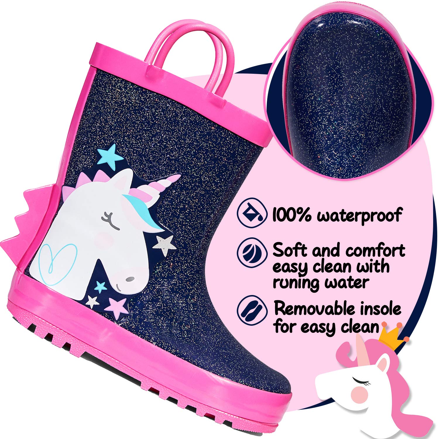 mysoft Kids Rain Boots for Girls Toddler Waterproof Rubber Cute Printed with Easy-On Handles