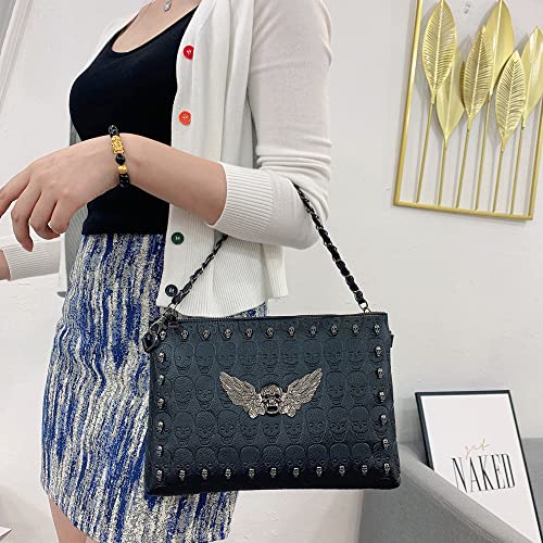 Downupdown Men&Women Clutch Skull Rivet Purse Punk Clutch Handbags Wallet with Shoulder Strap Messenger Bag Party Purse Phone Bag