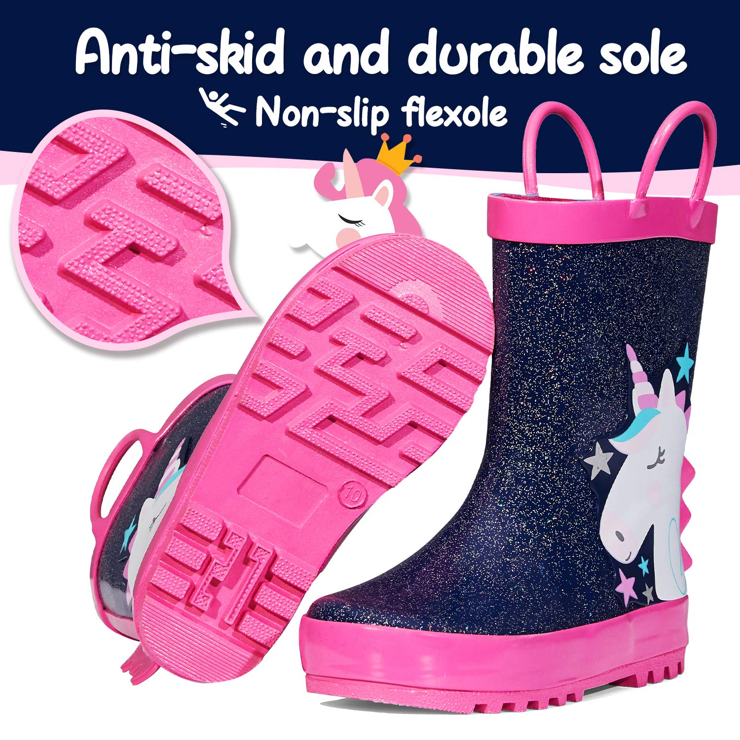 mysoft Kids Rain Boots for Girls Toddler Waterproof Rubber Cute Printed with Easy-On Handles