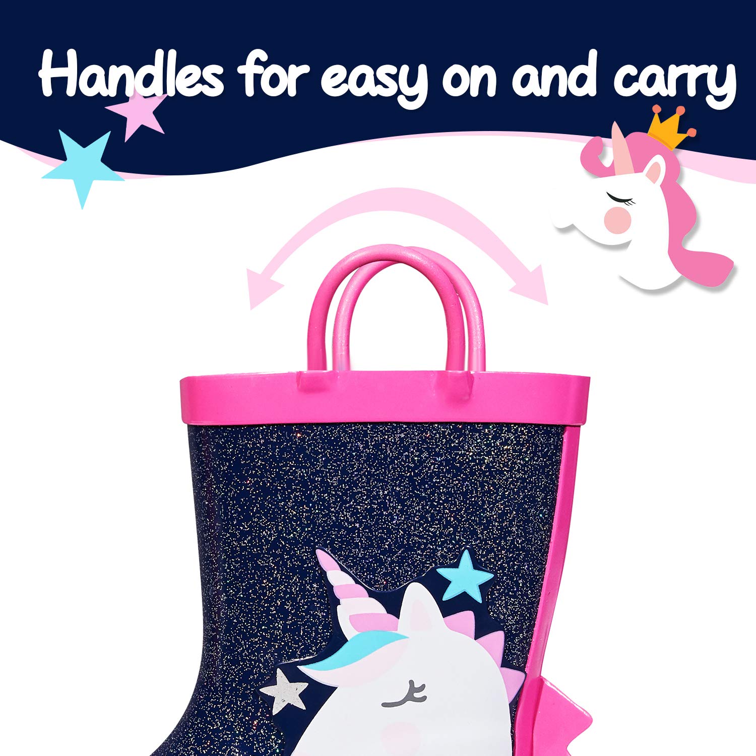 mysoft Kids Rain Boots for Girls Toddler Waterproof Rubber Cute Printed with Easy-On Handles