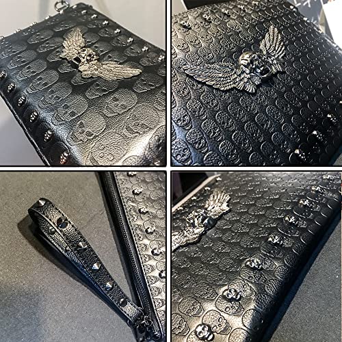 Downupdown Men&Women Clutch Skull Rivet Purse Punk Clutch Handbags Wallet with Shoulder Strap Messenger Bag Party Purse Phone Bag
