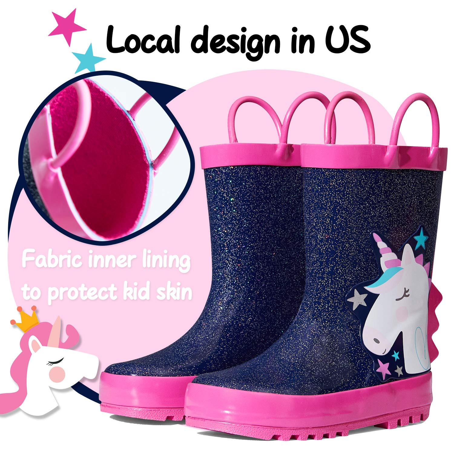 mysoft Kids Rain Boots for Girls Toddler Waterproof Rubber Cute Printed with Easy-On Handles