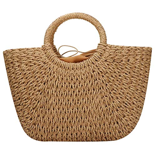 Hand-woven Straw Large Hobo Bag for Women Round Handle Ring Toto Retro Summer Beach (Brown)