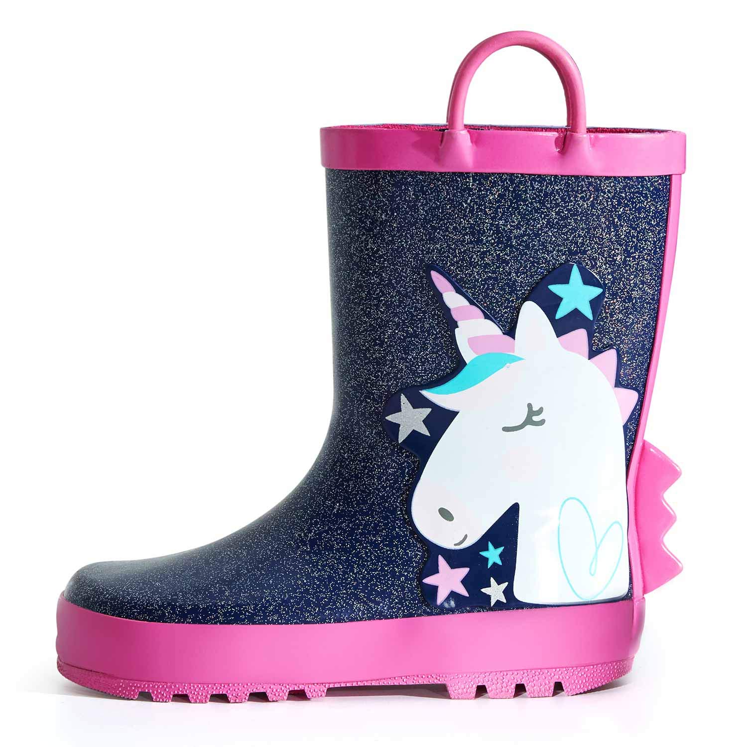 mysoft Kids Rain Boots for Girls Toddler Waterproof Rubber Cute Printed with Easy-On Handles