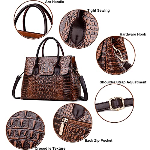 Women Satchel Handbags Top-Handle Bags fuax Leather Embossed Crocodile pattern shoulder bag, Brown, Large