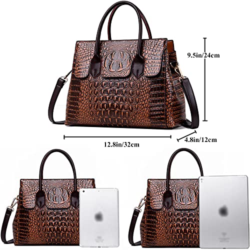 Women Satchel Handbags Top-Handle Bags fuax Leather Embossed Crocodile pattern shoulder bag, Brown, Large