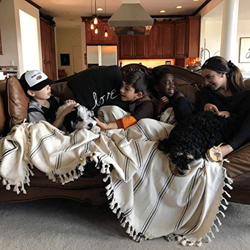 THE LOOMIA Sophie Turkish Cotton Boho Farmhouse Throw Blanket (Extra Large, Creamish Ecru Base with Black Stripes)