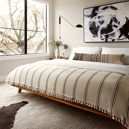 THE LOOMIA Sophie Turkish Cotton Boho Farmhouse Throw Blanket (Extra Large, Creamish Ecru Base with Black Stripes)