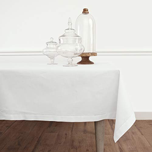 Solino Home Cotton Linen Tablecloth – 58 x 84 Inch White – Natural Fabric Hemstitch Tablecloth for Spring, Easter, Summer, Dining, Wedding, Indoor, Outdoor – Handcrafted and Machine Washable