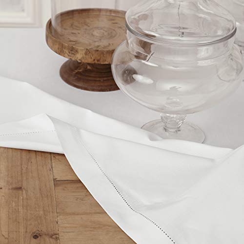 Solino Home Cotton Linen Tablecloth – 58 x 84 Inch White – Natural Fabric Hemstitch Tablecloth for Spring, Easter, Summer, Dining, Wedding, Indoor, Outdoor – Handcrafted and Machine Washable
