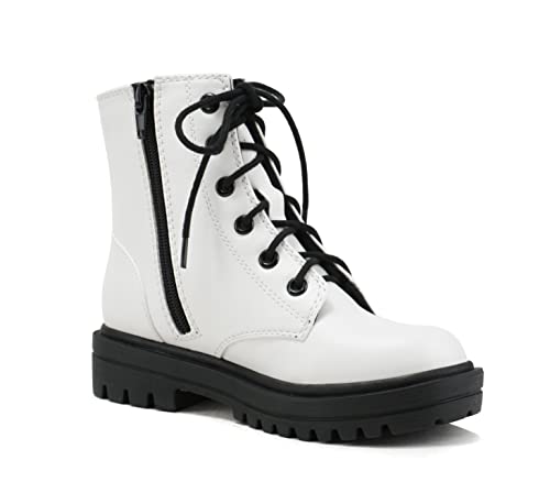 Soda FIRM-2 KIDS/CHILDREN/GIRLS Lug Sole Fashion Combat Ankle Bootie Lace up w/Side Zipper (WHITE PU, numeric_3)