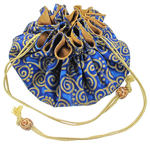 Drawstring Jewelry Pouch, Cotton and Raw Thai Silk, Small, Cobalt Blue