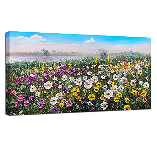 Arjun Flowers Canvas Wall Art Landscape Painting, Modern Spring Nature Wildflowers Daisy Floral Picture Artwork Large Framed for Bedroom Living Room Bathroom Home Office Wall Décor, 40"x20" One Panel