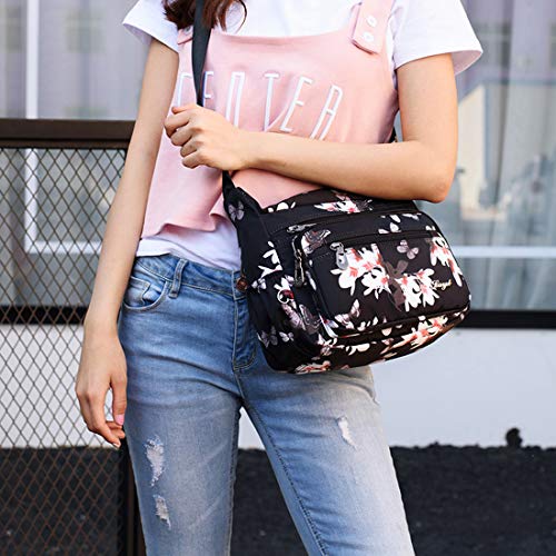 Womens Nylon Floral Shoulder Bag Crossbody Bag Messenger Bags Travel Handbags With Adjustable Strap Waterproof (A rose)