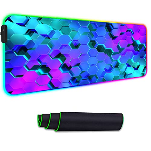 Gaming Mouse Pad Colorful Hexagon Shaped Large Led Mouse Pads XXL RGB Computer Mouse Mat Gaming Accessories Oversized Keyboard Desk Pad 300X600Mm