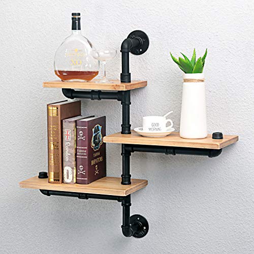 Weven Industrial Pipe Corner Shelves Wall Mount Bookshelf, 3-Tiers Metal&Wood shelves,DIY Storage Shelving Rustic Floating Shelves,Home Decory shelves