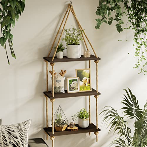 BAMFOX Hanging Wall Shelves,Swing Rope Floating Shelf,3 Tier Bamboo Hanging Storage Shelves for Living Room/Bedroom/Bathroom and Kitchen …