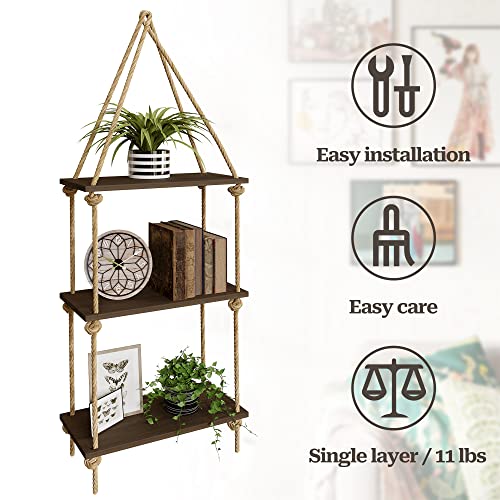 BAMFOX Hanging Wall Shelves,Swing Rope Floating Shelf,3 Tier Bamboo Hanging Storage Shelves for Living Room/Bedroom/Bathroom and Kitchen …