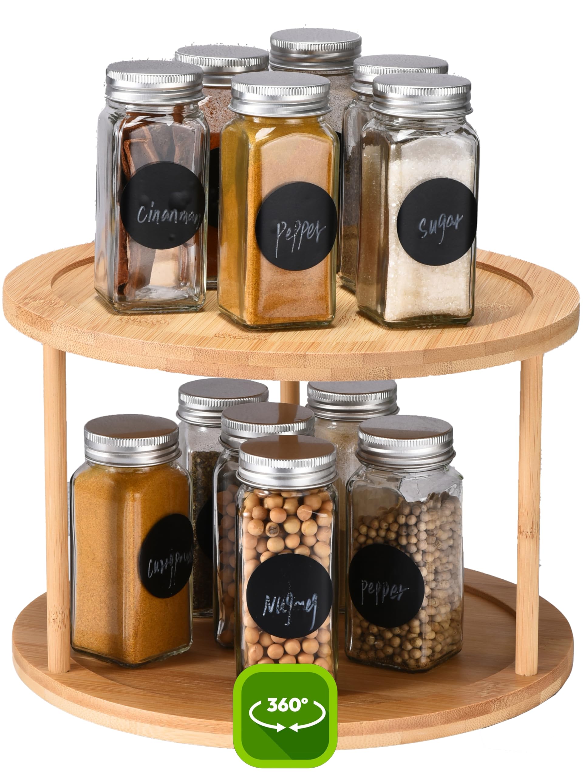 Bamboo Turntable Lazy Susan Rotating Spice Rack - 2 Tier Rotating Spice Rack, Lazy Susan Rotating for Kitchen, Spice Carousel for Cabinets and Pantry - Wooden 2 Tier Lazy Susan Rotating Turntable
