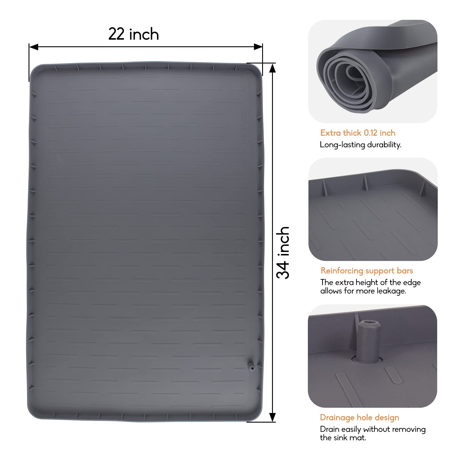 CNDSE Under Sink Mats for Kitchen Waterproof,Under Kitchen Sink Mat with Drain Holes,Thickened Non-slip Silicone Under Sink Mat ,Under Sink Liner for Kitchen and Bathroom Sink Cabinets 34''x22'', Grey