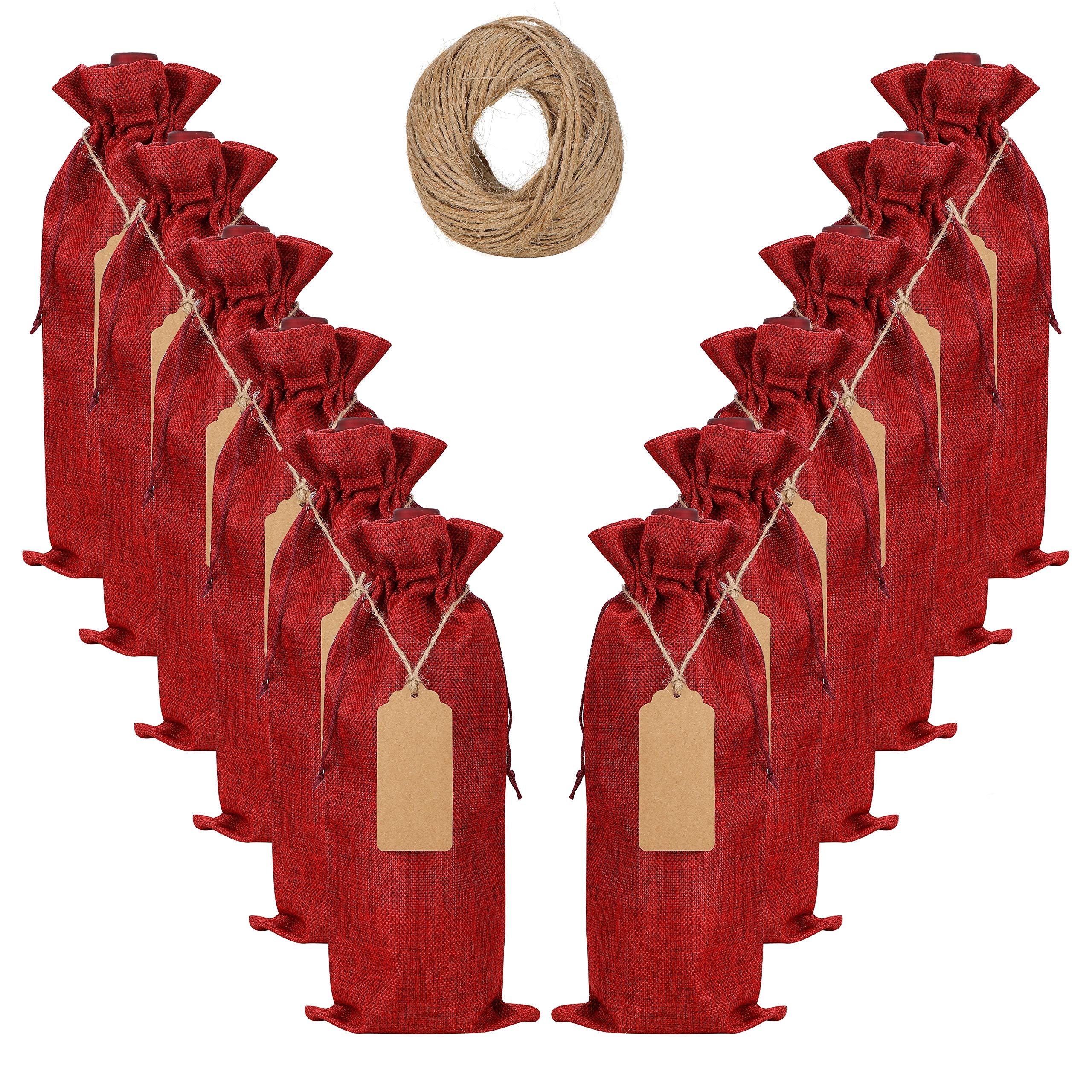 Reusable Burlap Wine Bag, 12 pcs Wine Bottle Gift Bags with Drawstring,Tags and Ropes for Gift,Christmas,Wedding,Birthday, Holiday Party,etc. (Blue)