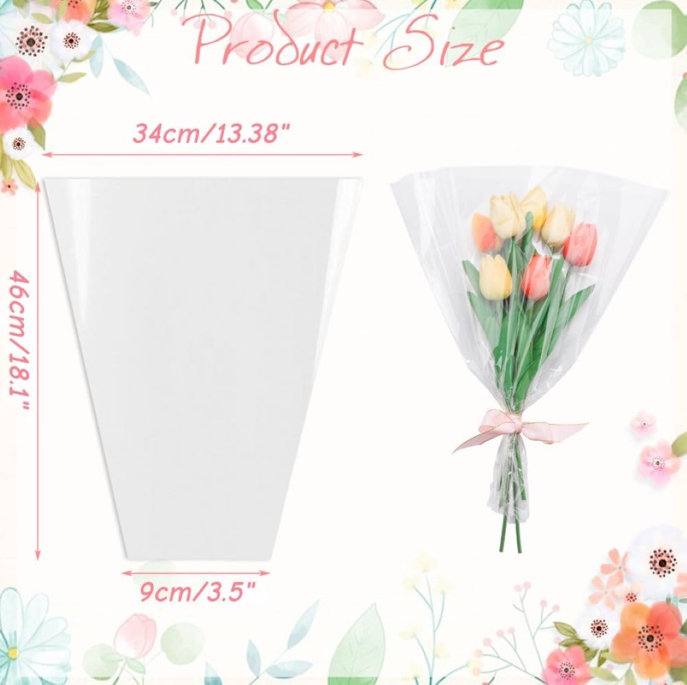 100 Pcs flower packaging transparent bag,flowers bouquet sleeve transparent cellophane Suitable for flower shop, shopping mall flower packaging