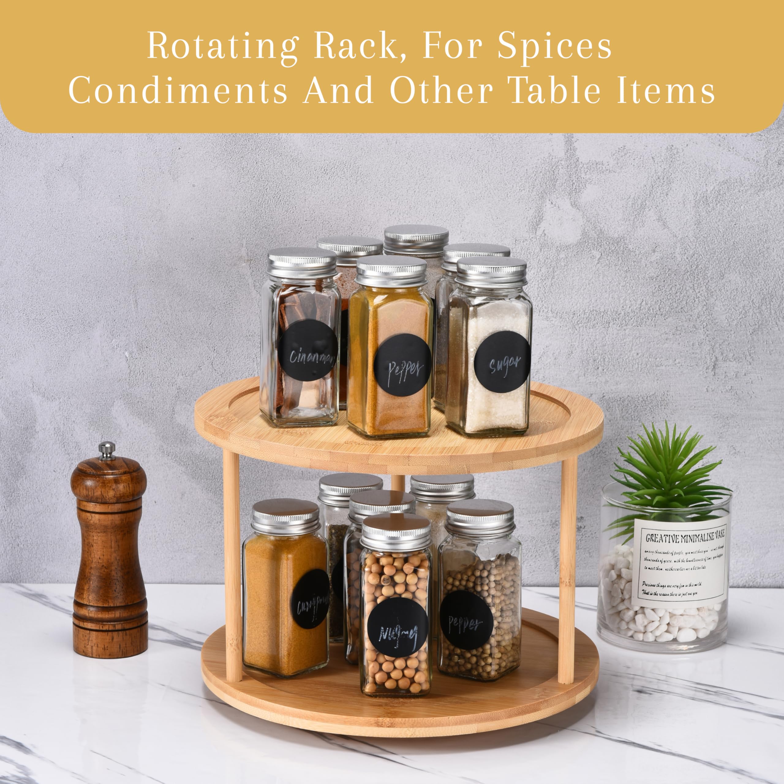 Bamboo Turntable Lazy Susan Rotating Spice Rack - 2 Tier Rotating Spice Rack, Lazy Susan Rotating for Kitchen, Spice Carousel for Cabinets and Pantry - Wooden 2 Tier Lazy Susan Rotating Turntable